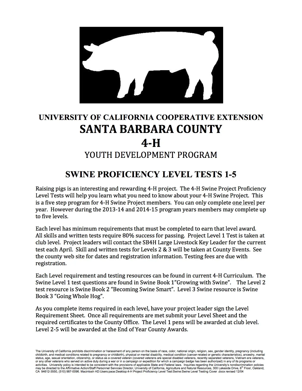 Swine Level Test | 4-H in Santa Barbara County