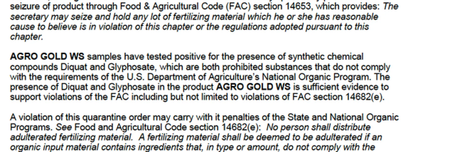 AGRO GOLD WS, Co-packed with Weed Slayer, Found to Contain Both Diquat ...